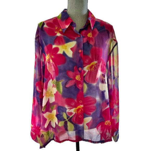 BonWorth | Tops | Bonworth Semi Sheer Colorful Button Front Floral Long ...